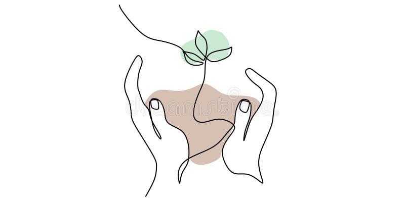 Hand Surrounding a Seedling in Continuous Line Drawing, Symbolizing ...