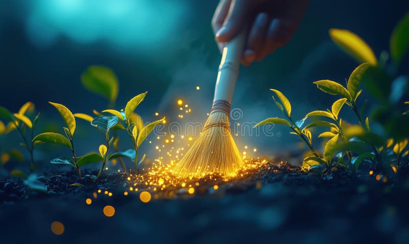 Hand Sweeping Soil with Broom Creating Magical Sparkles Around Young ...