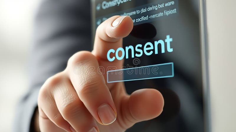 Hand Swipes Consent Form on Transparent OLED Screen. Hyper-realistic ...
