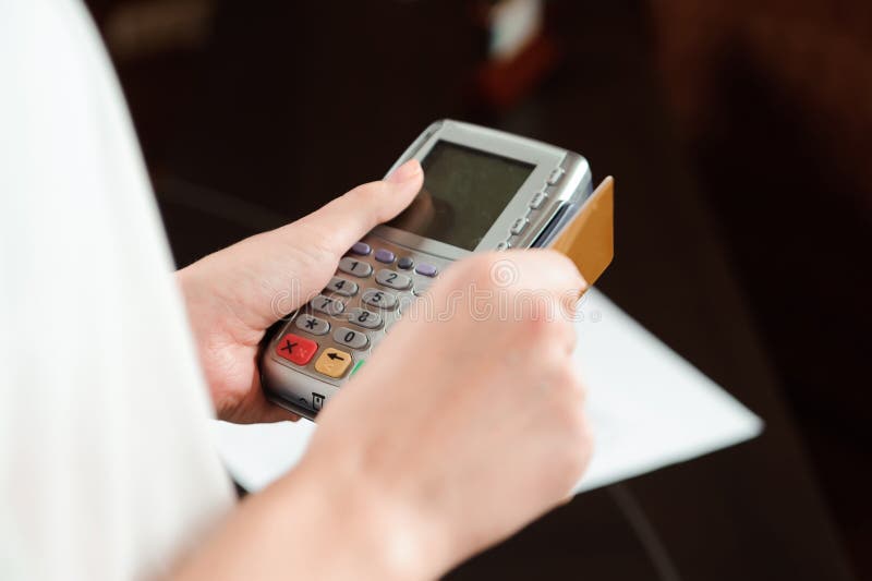 Hand Swiping Debit Card on Pos Terminal Stock Image - Image of device ...