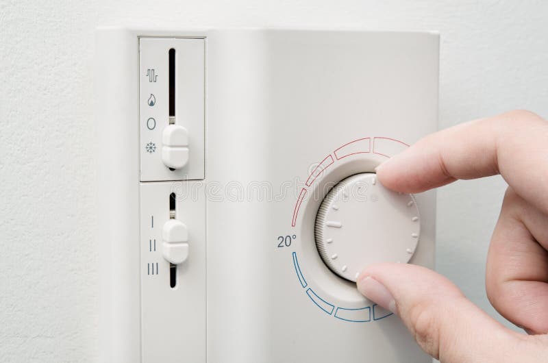Hand Switches Air Conditioner Thermostat on Wall Stock Photo - Image of ...