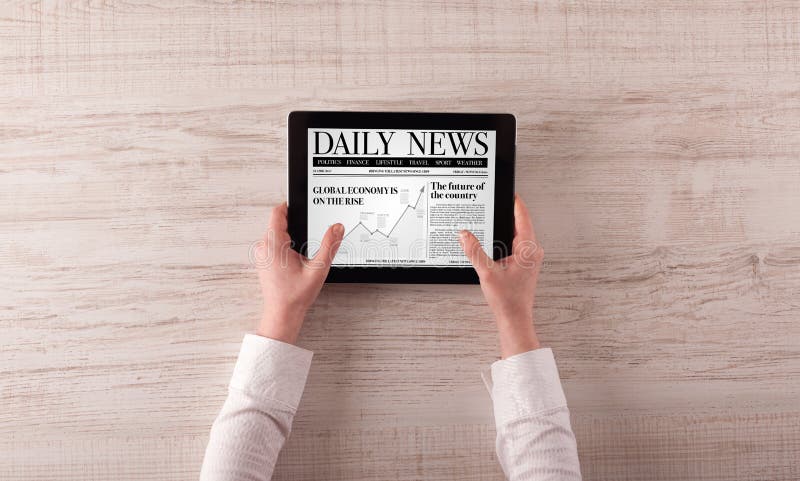 Hand with Tablet Reading News Stock Photo - Image of data, news: 158015358