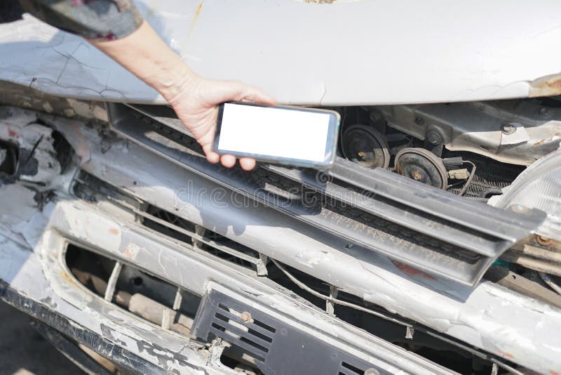 Hand Take Photo of Crashed Damaged Broken Car. Automobile Crash ...