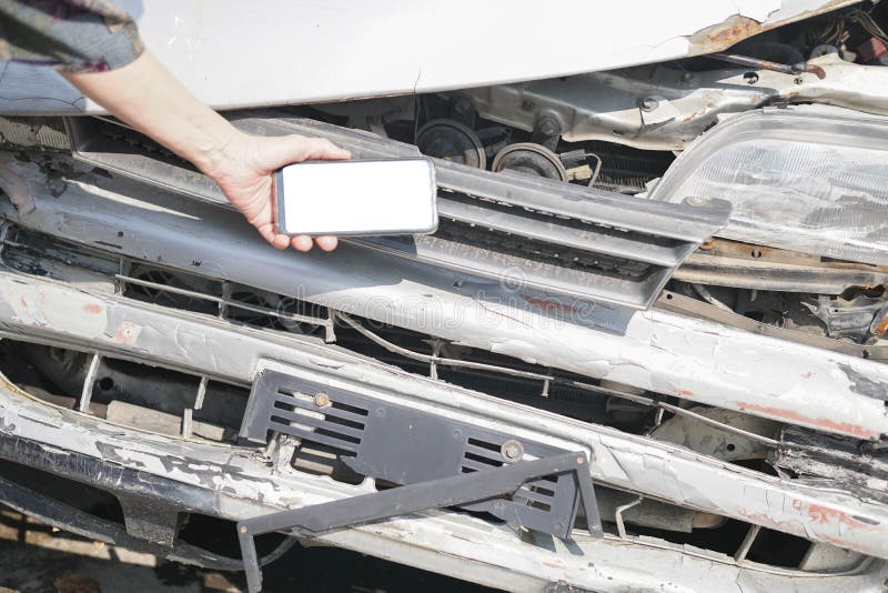 Hand Take Photo of Crashed Damaged Broken Car. Automobile Crash ...