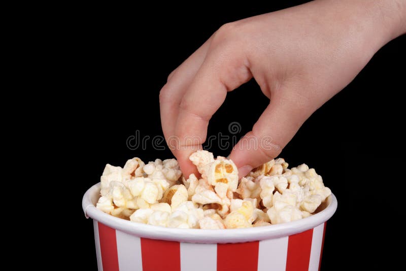 Hand Takes Popcorn from a Paper Box Stock Image - Image of stripes ...