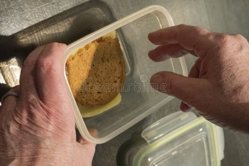 Hand Taking a Cheese Sandwich Out of the Box Stock Image - Image of ...