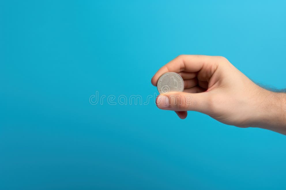Hand Taking a Coin on Solid Blue Background AI Generated Stock ...