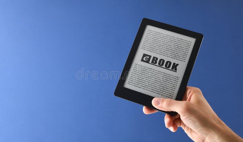 Hand Taking an Ebook with Written Text Isolated on Blue Background ...