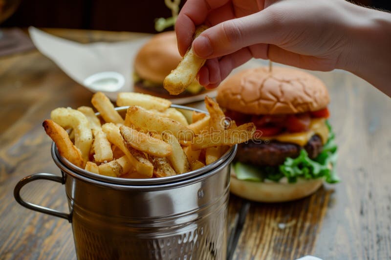 Hand Taking a Fry from a Stylish Metallic Serving Pail, Burger in Back ...