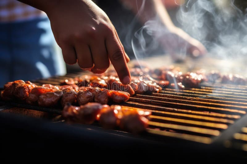 Hand Taking Hot Sausage Off the Grill, Smoke Rising Stock Image - Image ...