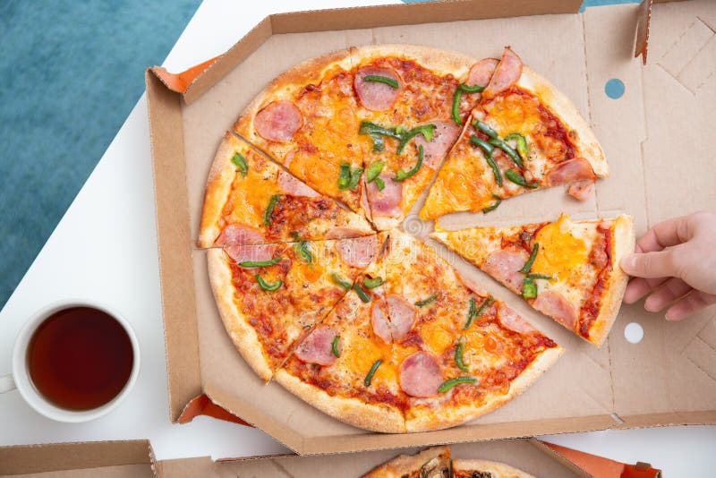 Hand Taking Pizza Slice from Delivery Box, Top View Stock Image - Image ...