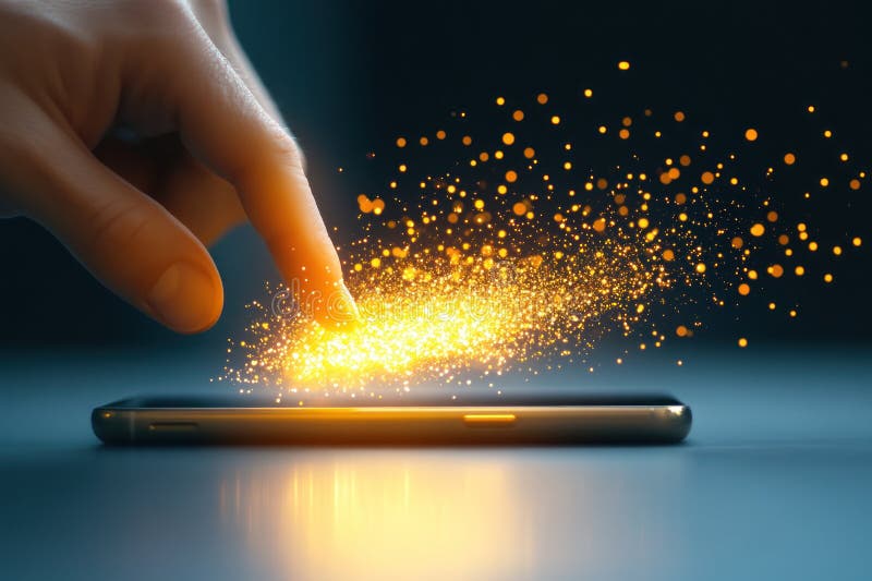 A Hand Tapping on Smartphone Creates Magical Burst of Light Stock Photo ...