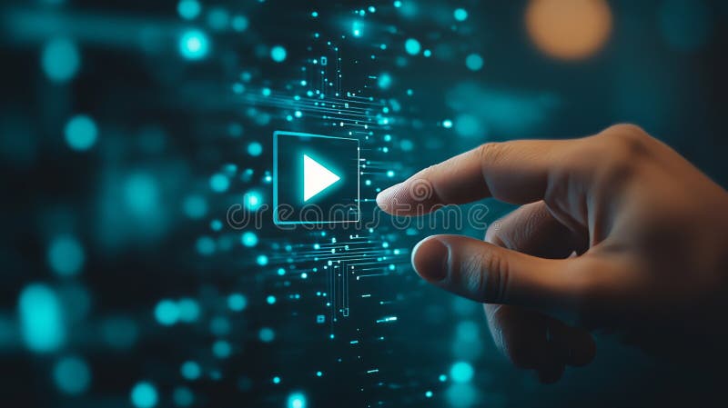 A Hand Taps a Digital Play Button with a Circuitry Design Stock Image ...