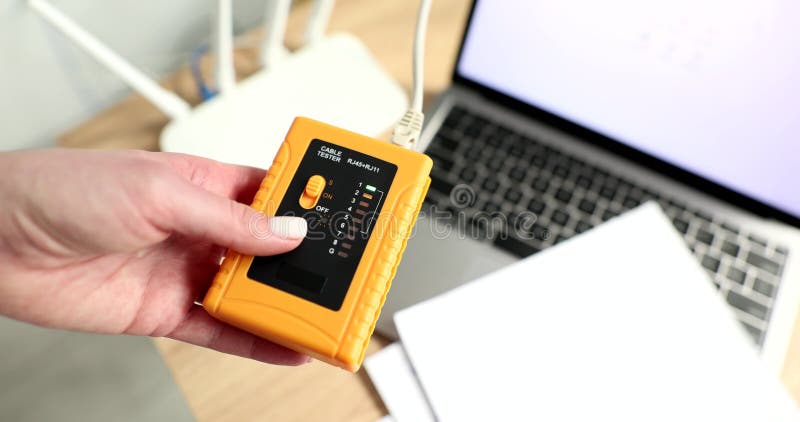 Hand Technician with Tester Tool for Test Network Cables Closeup 4k ...