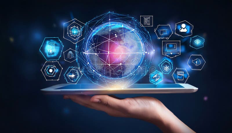 Hand with Technology Concept Icons and Tablet on Dark Background Stock ...