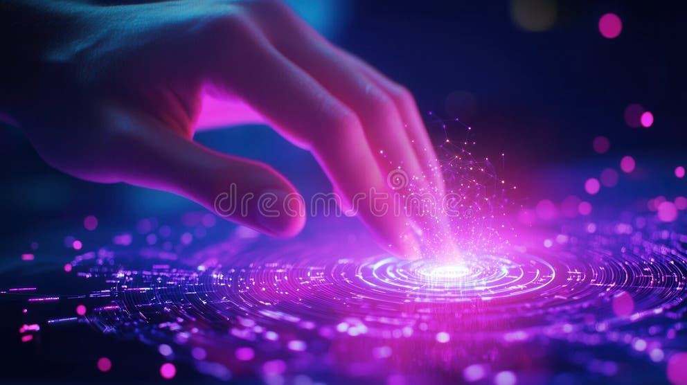 Hand Technology with Glowing Holographic Data on a Tablet, Exploring Futuristic Interacting and ...