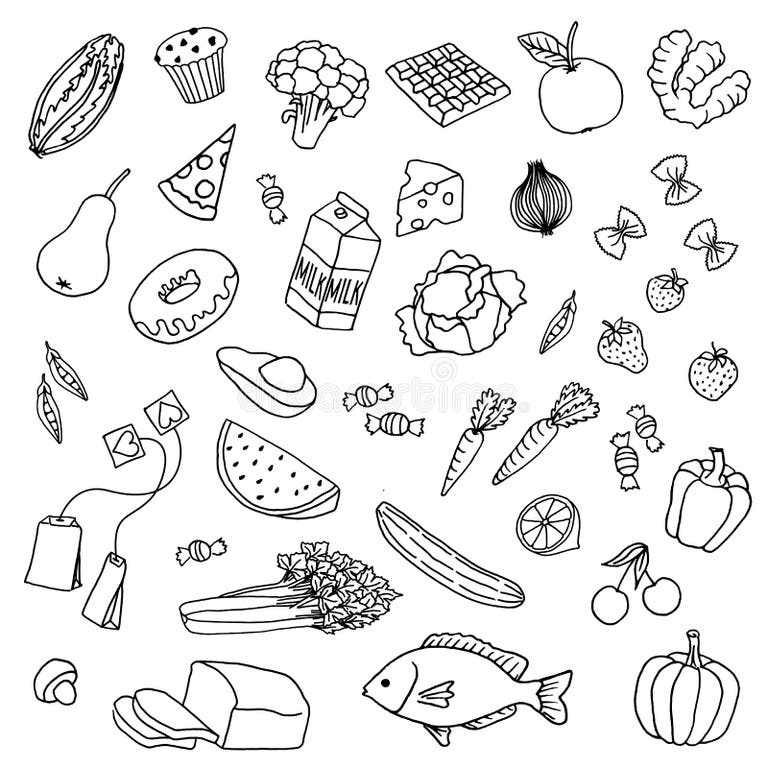 Hand tecknad mat vektor illustrationer. Illustration av svart - 84481813
