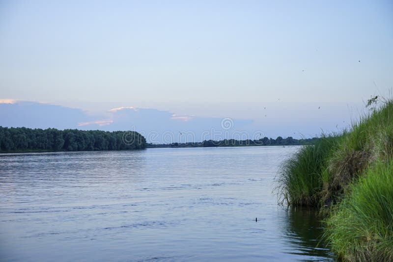 Sunset with Purple Sky on the Bank of a Large River. Stock Image ...