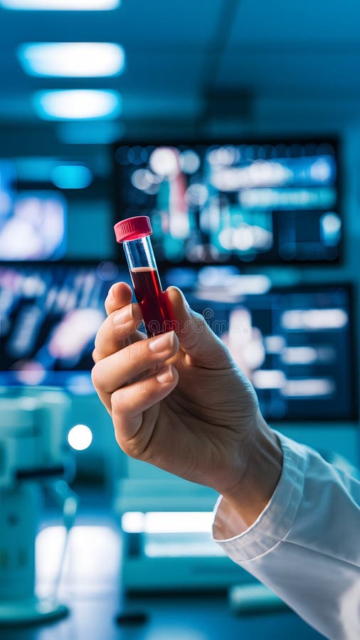 Hand with Test Tube of Red Liquid in Lab Setting, Blurred Background ...