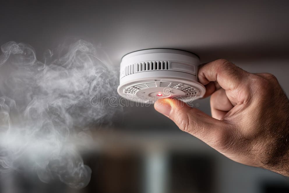 Hand Testing Smoke Detector in Modern Kitchen while Smoke Rises during ...