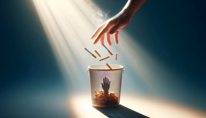 Human Hand Throwing a Used Cigarette into a Trash Bin with Light Rays ...