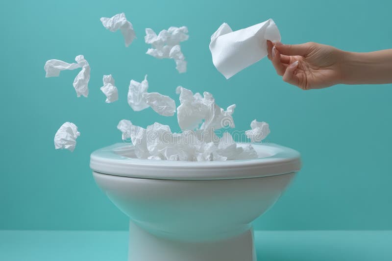 Hand Throwing Crumpled Tissues in a Toilet Bowl, Highlighting the Issue ...