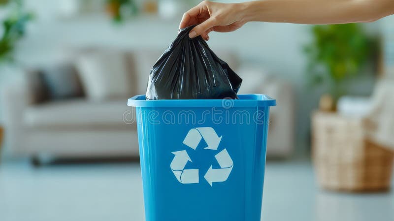 Hand Throwing Garbage Bag into Blue Recycling Bin Environmental ...
