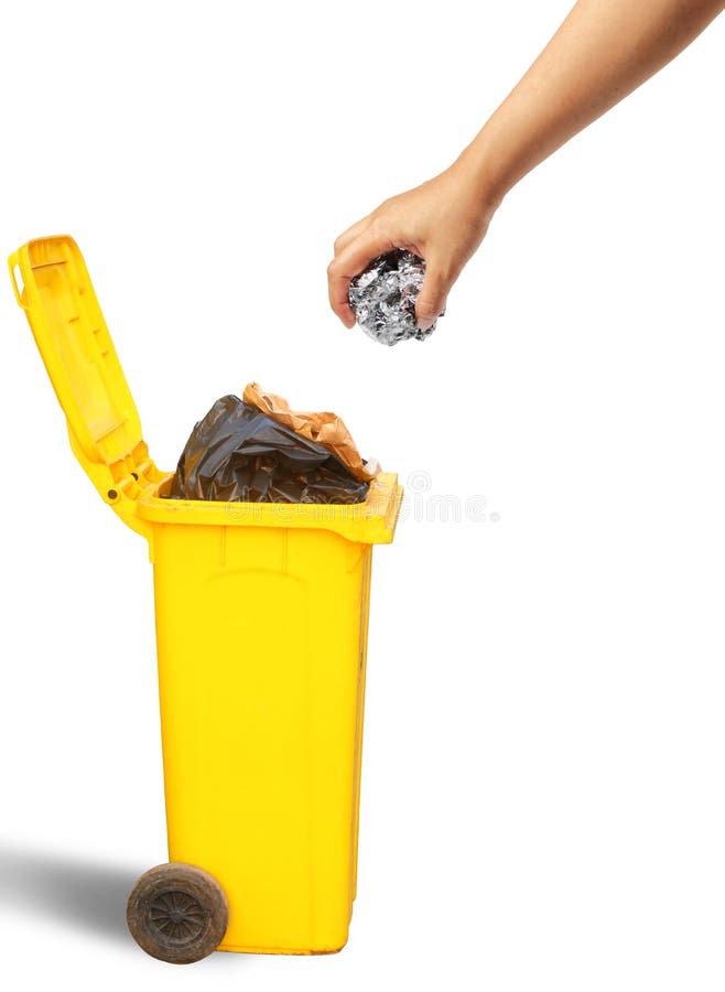 Hand Throwing Paper into the Yellow Recycle Trash Stock Photo - Image ...