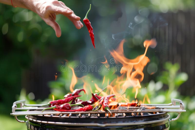 Hand Throwing Red Chili Pepper into a Flaming Barbecue Stock Image ...