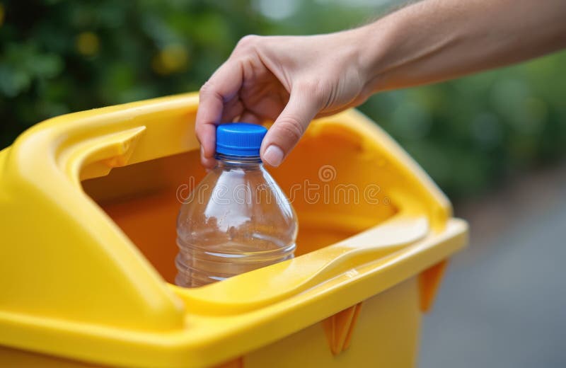 Hand Throws Plastic Bottle into Yellow Recycling Bin. Reusing ...