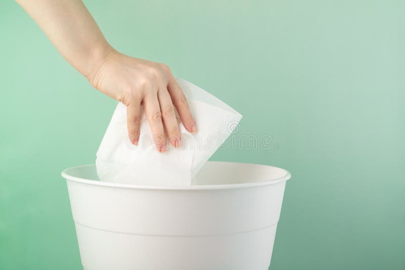 Hand Throws Toilet Paper into the Bin Stock Image - Image of white ...