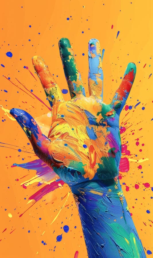 Vibrant Rainbow Paint Splattered Hand Against a Bright Orange ...
