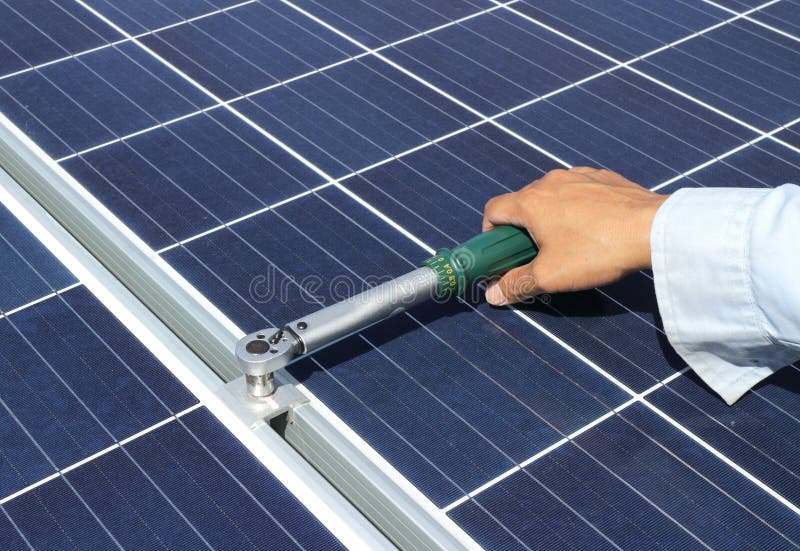 Hand Tightening Solar Panel Clamp with Torque Wrench Stock Image ...