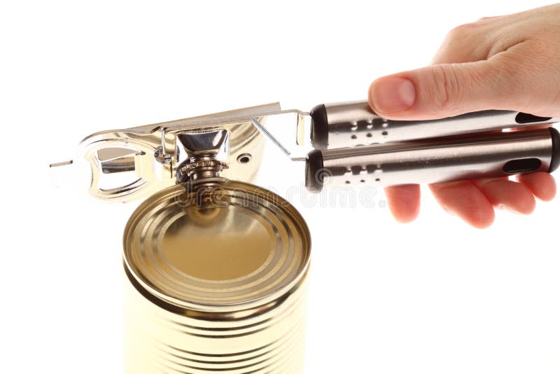 Hand and Can with Can Opener Stock Photo - Image of steel, white: 29861394