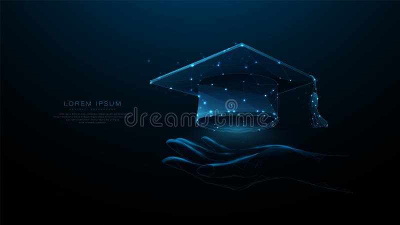 Hand To Holds Graduation Cap. Glowing Low Poly, Wireframe, Linear, Line ...