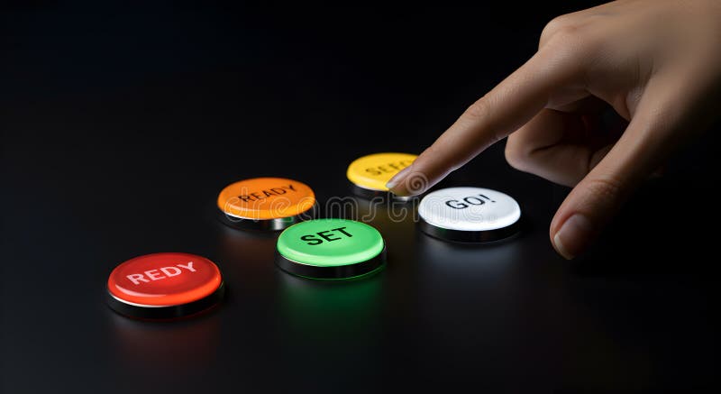 Ready Set Go Concept with Finger Pressing the Button for Success and Motivation on Dark ...