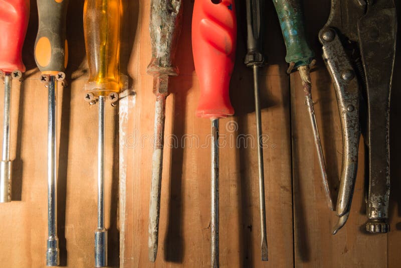 Bricolage Tools Showcase on a Wall Stock Image - Image of maintenance ...