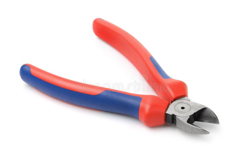 Hand with Nippers and Blue Cable on White Background, Electrical ...