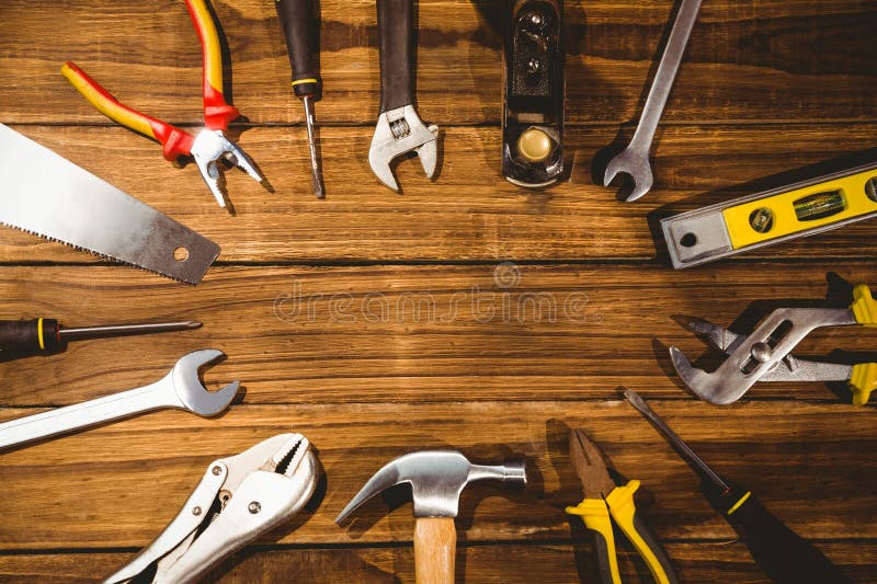 Hand Tools are Being Shown in Flat Design on Wooden Workbench with ...
