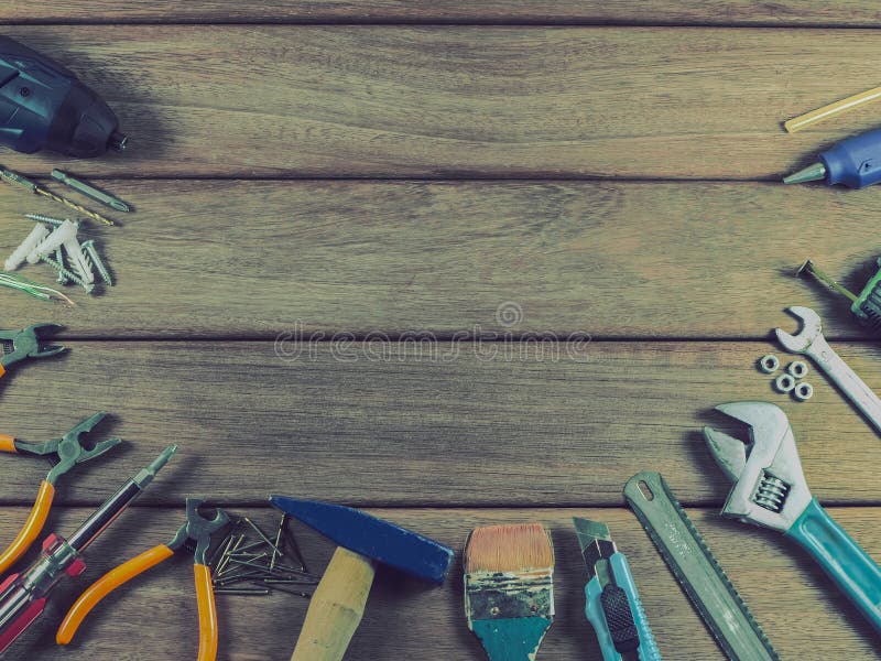 Hand Tools and Construction Tools on Wooden Floor Stock Photo - Image ...