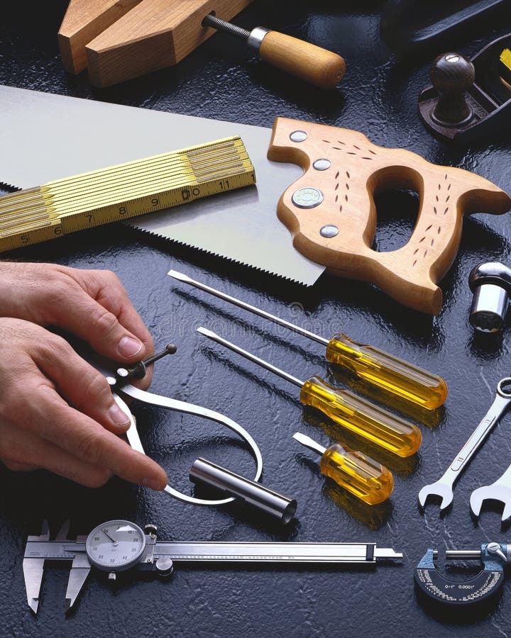 Hand Tools with Hands and Copy Space at Top Stock Image - Image of ...