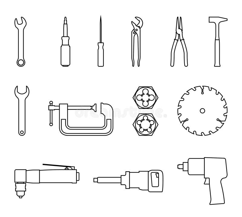 Hand Tools Icon Set. Vector Thin Line. Assembly Tool Maintenance and ...