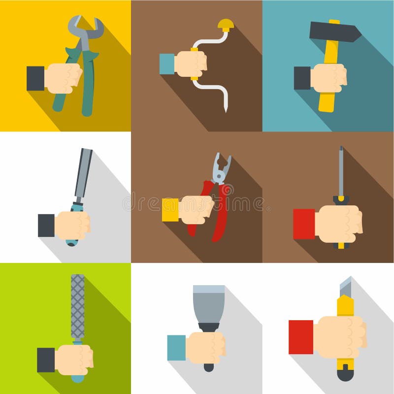 Hand with Tools Icons Set, Flat Style Stock Vector - Illustration of ...