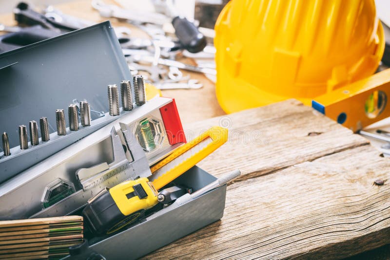 Hand tools in a metal box stock image. Image of evel - 84257033