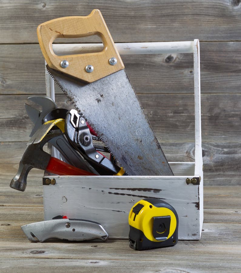 Tool Holder Filled with Handyman Tools on Aged Wood Stock Image - Image ...