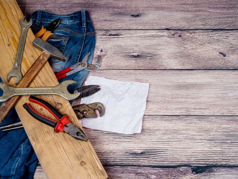 Hand Tools for Repair on a Wooden Background. Stock Image - Image of ...
