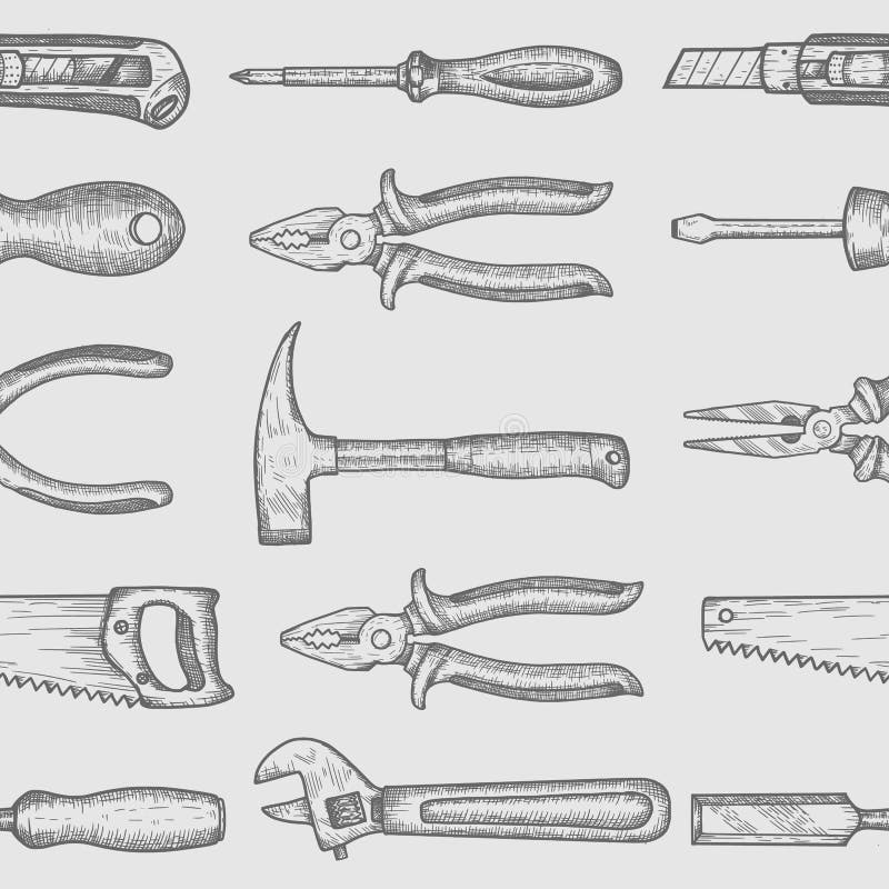 Hand Tools Seamless Pattern. Collection of Hand Drawn Engraved Graphic ...
