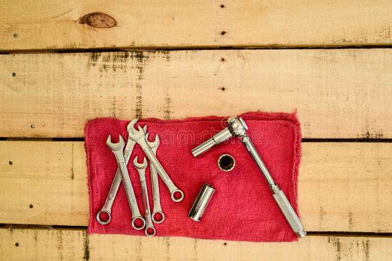 Hand Tools, Sockets and Wrenches on Work Bench Stock Image - Image of ...
