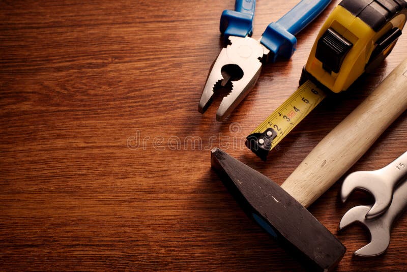 Close Up Hand Tools on the Wooden Table Stock Image - Image of ...