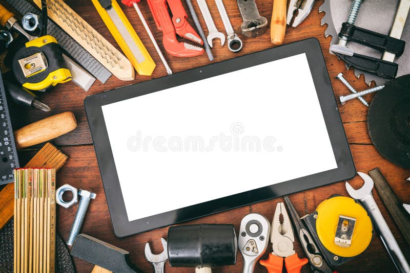 Hand Tools and Tablet on Wooden Background Stock Photo - Image of ...
